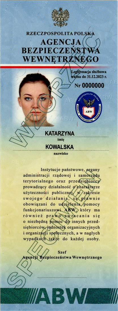 Wzór legitymacji służbowej - BIP - Agencja Bezpieczeństwa Wewnętrznego